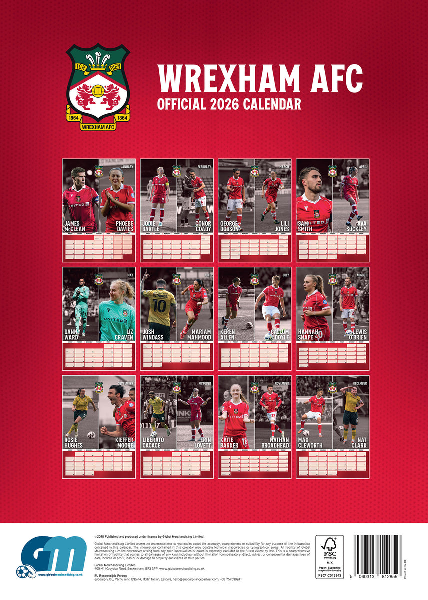 Wrexham AFC Official 2026 A3 Football Wall Calendar – Global Merchandising